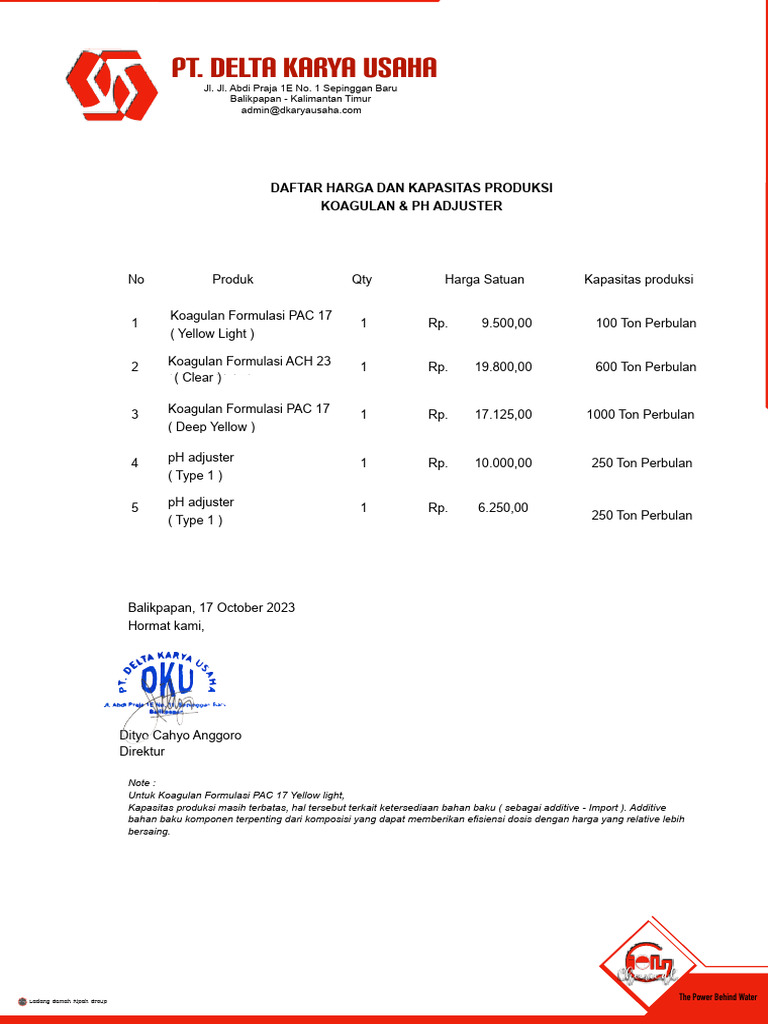 Harga dan Kapasitas Koagulan 2023 | PDF