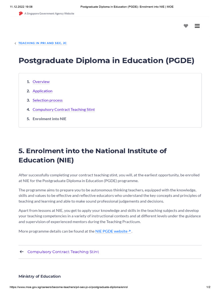 5-Postgraduate Diploma in Education (PGDE) - Enrolment Into NIE - MOE | PDF
