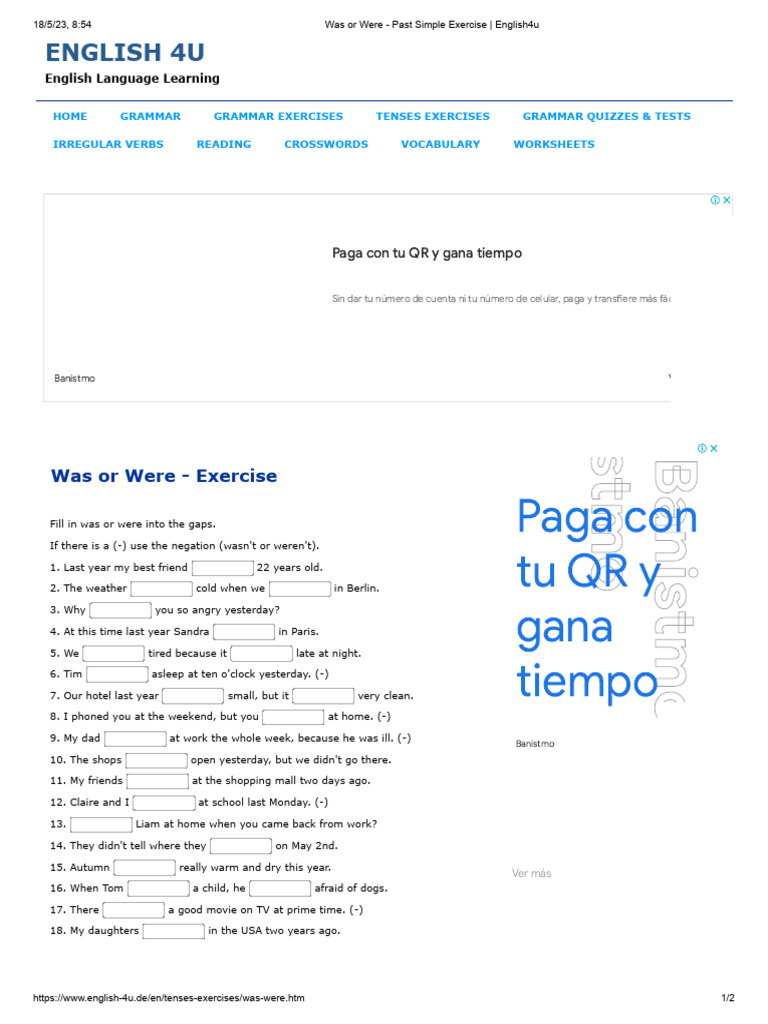 Was or Were - Past Simple Exercise _ English4u | PDF | Human ...