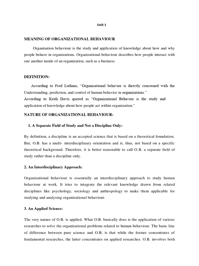 Organization Behaviour UNIT 1 | PDF | Organizational Behavior | Sociology
