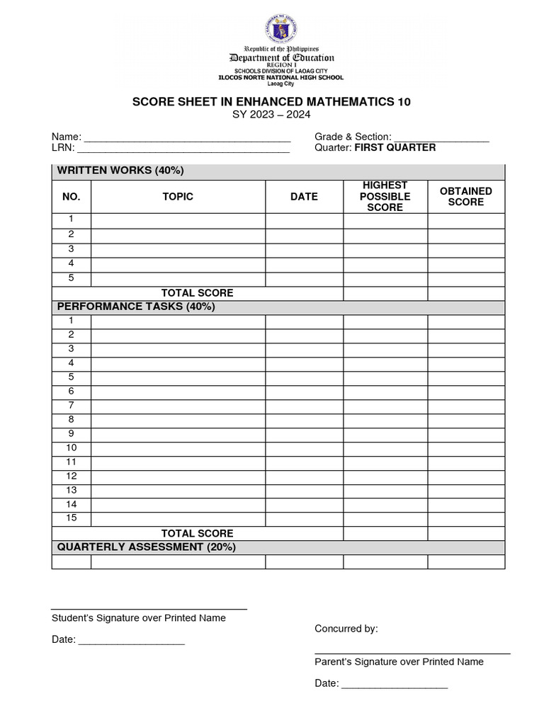 Score Sheet in Mathematics 10 | PDF | Educational Assessment And ...