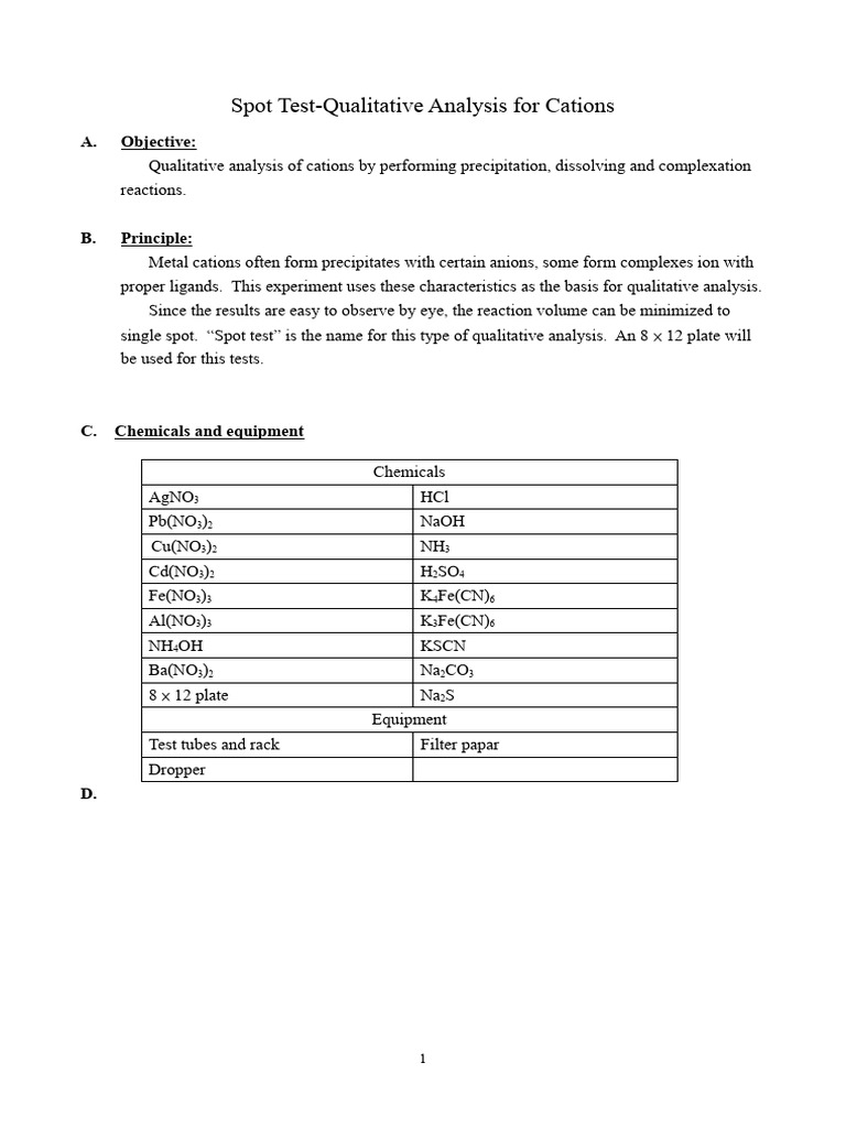 Spot Test for Cation Analysis | PDF | Molecules | Materials