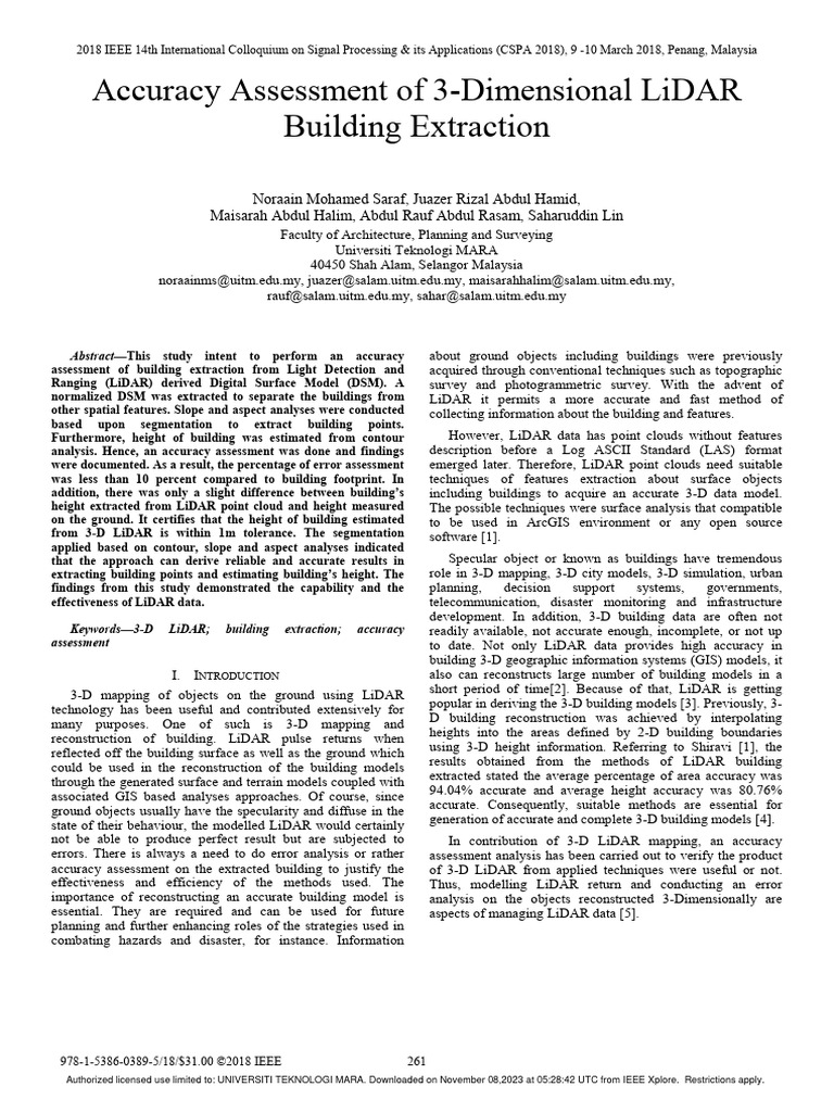 Accuracy Assessment Of 3 Dimensional Lidar Building Extraction Pdf