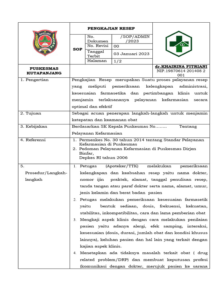 SOP PENGKAJIAN RESEP Benar | PDF