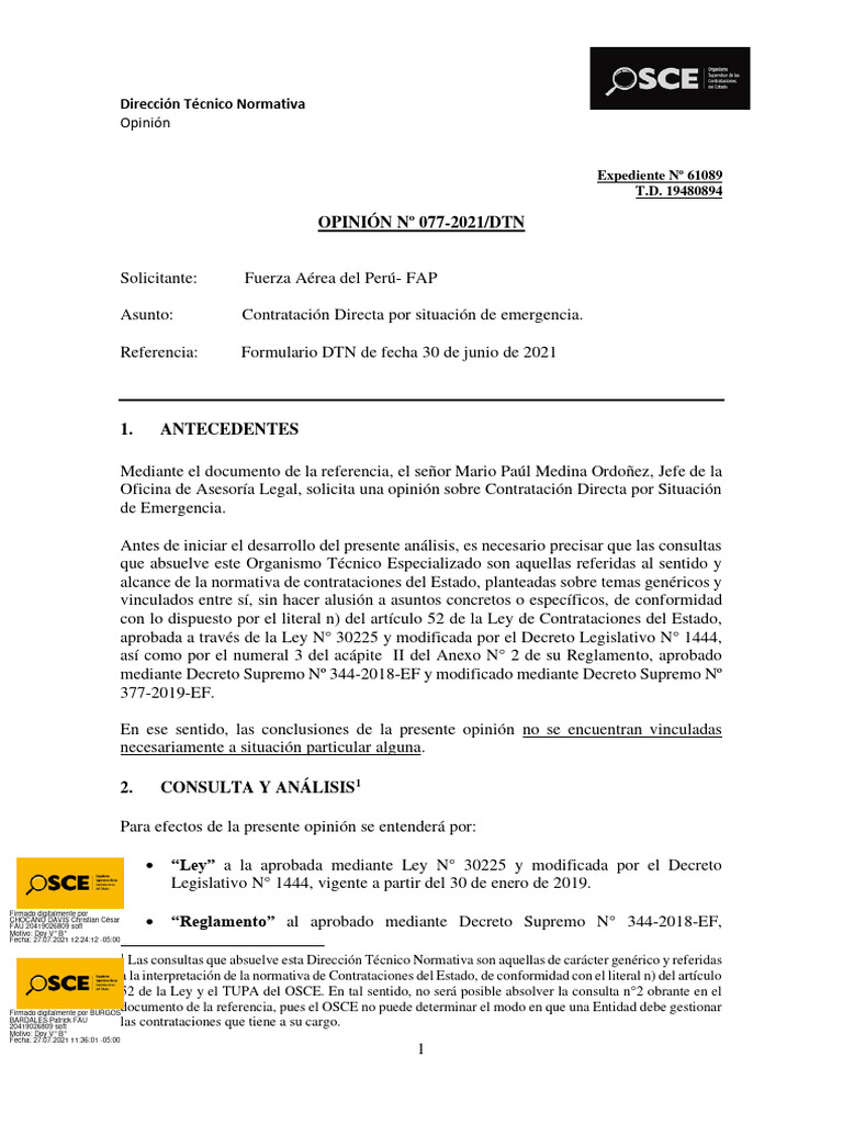 Opinión 077-2021 - FAP - Contratación Directa Estrictamente Necesario ...