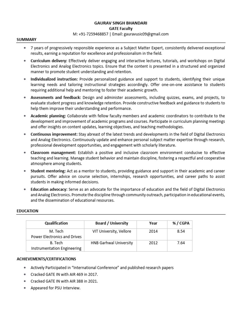 Resume - Gaurav Singh Bhandari | PDF | Mentorship | Curriculum