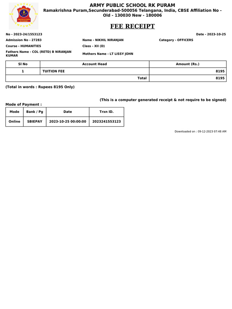 Army Public School Fee Receipt 2023 | PDF