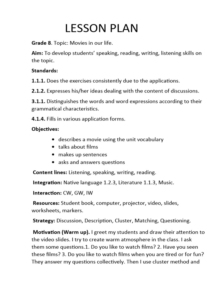 Grade 8 Movies Lesson Plan PDF | PDF