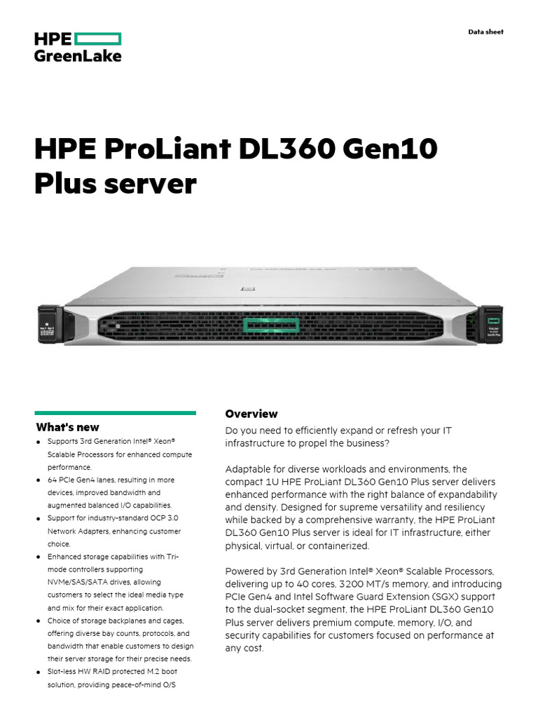 (Server) HPE ProLiant DL360 Gen10 Plus | PDF | Central Processing Unit | Cloud Computing
