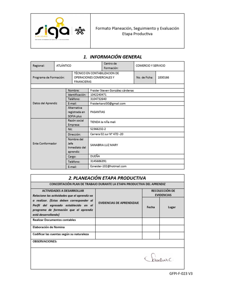 Formato 023 2020 Sena Fraider Gonzalez HECHO | PDF | Evaluación