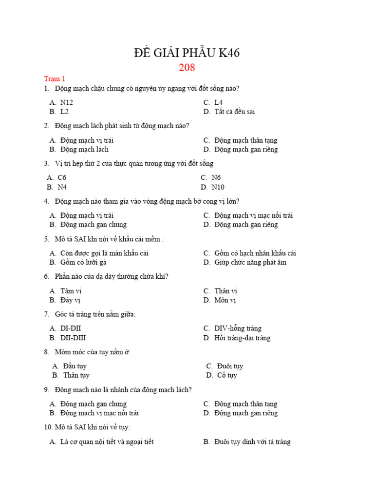 Đề Giải Phẫu K46 | PDF