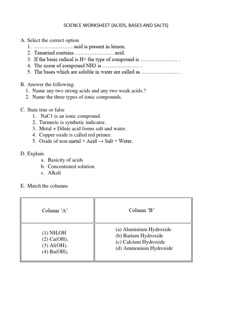 SCIENCE WORKSHEET ACIDS BASES AND SALTS | PDF