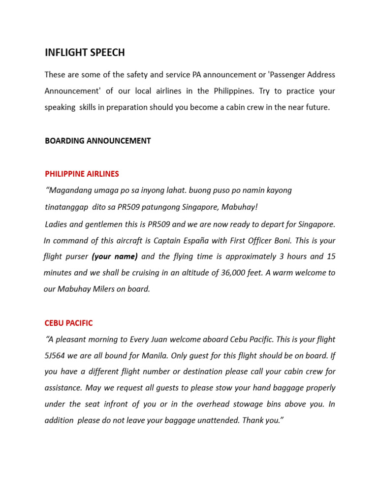 Updated Inflight Speech | Download Free PDF | Flight Attendant | Airliner