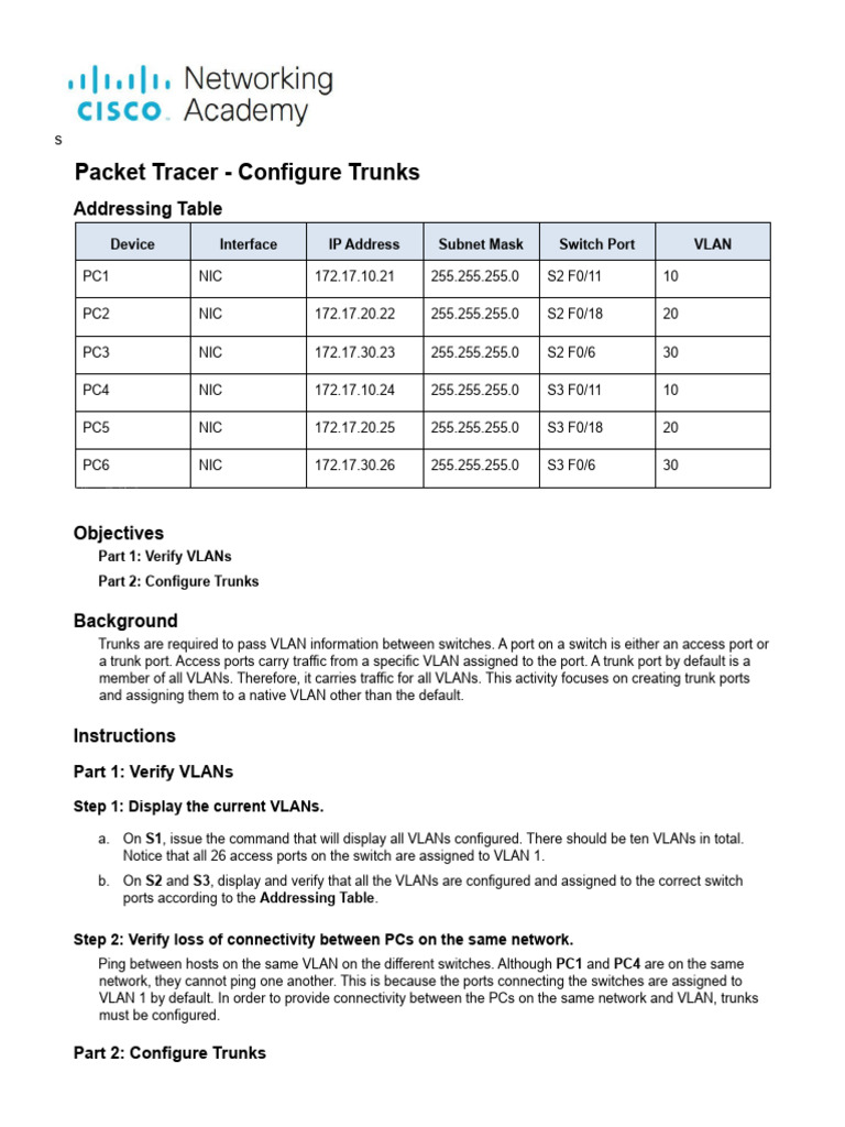 Configure VLAN Trunks in Packet Tracer | PDF | Network Interface Controller | Network Switch