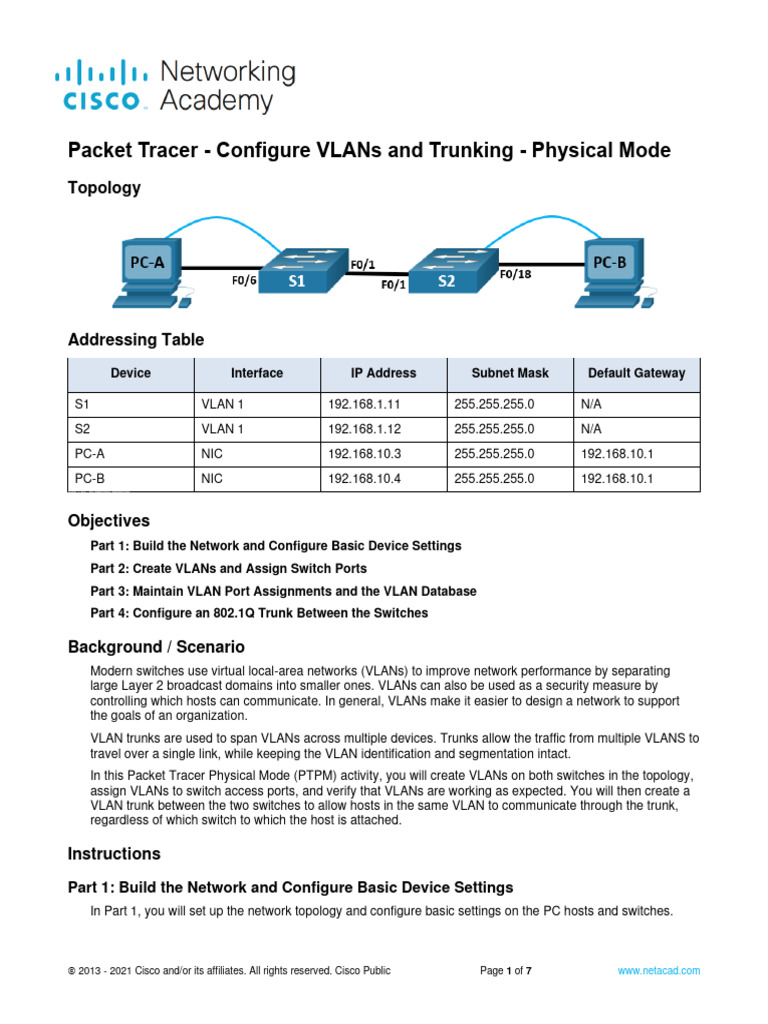 3.4.6 Packet Tracer - Configure Vlans and Trunking - Physical Mode | PDF | Computer Network ...