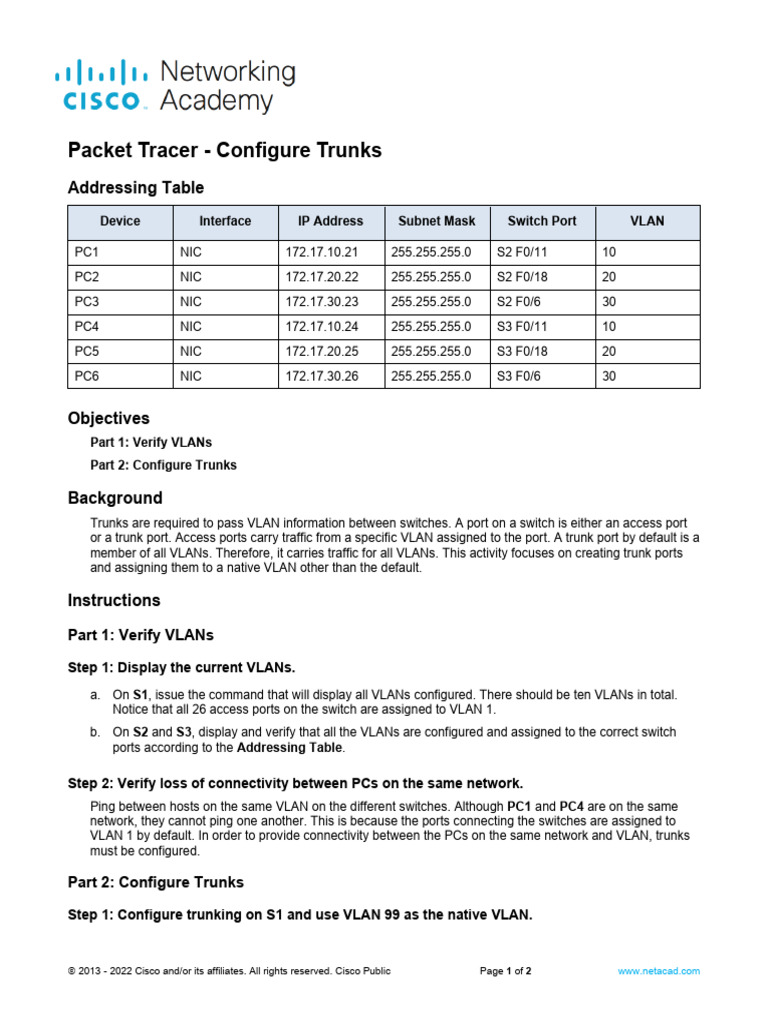 3 4 5 Packet Tracer Configure Trunks Pdf