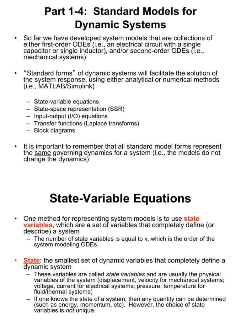 State-Variable Equations - State-Space Representation (SSR) - Input-Output (I/O) Equations ...