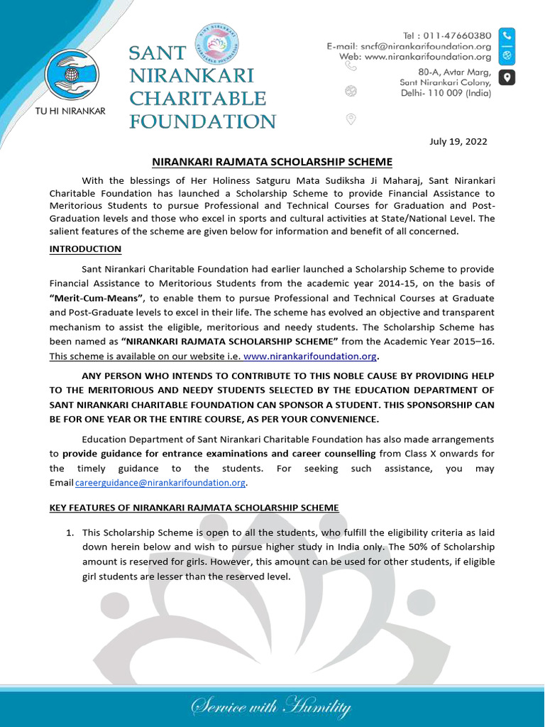 Nirankari Rajmata Scholarship Scheme 2022 23 | PDF