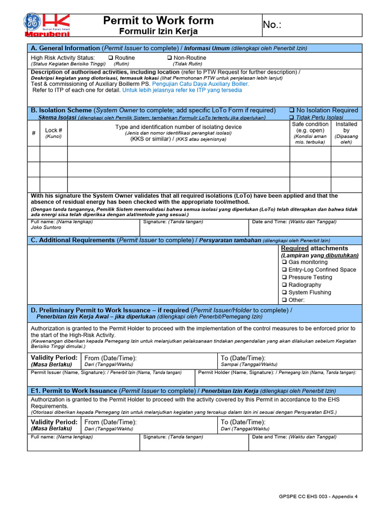 PTW Form - Appendix 04-En - Aux Boiller | PDF | Teknologi & Rekayasa