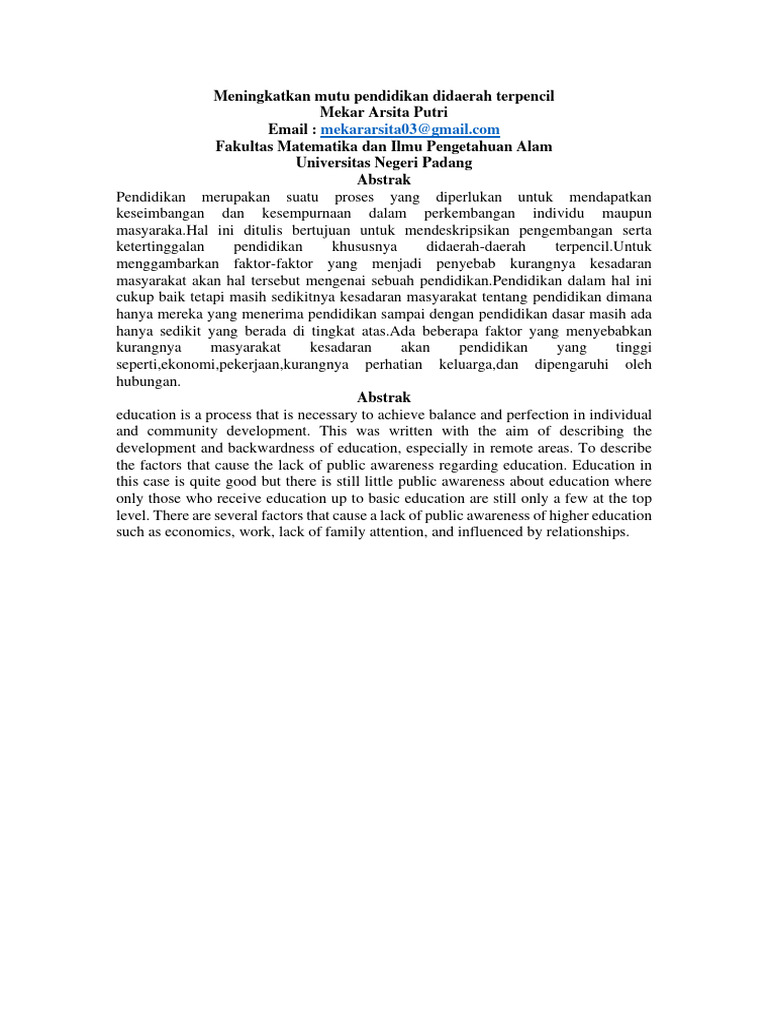 Meningkatkan Mutu Pendidikan Didaerah Terpencil - Mekar Arsita Putri - 23231062 | PDF