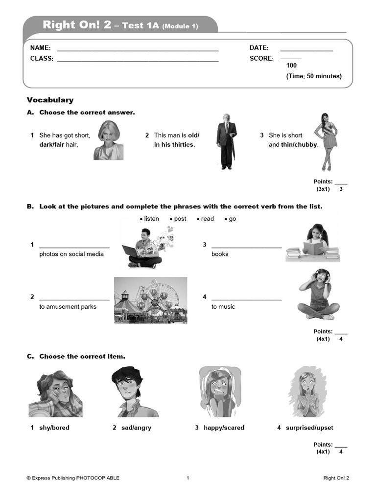 01 Right On 2 - Test 1A - Mod 1 | PDF | Linguistics