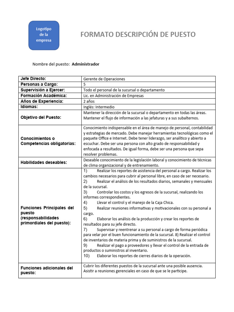 Formato Descripción de Puesto | PDF | Gestión de recursos humanos | Negocios económicos