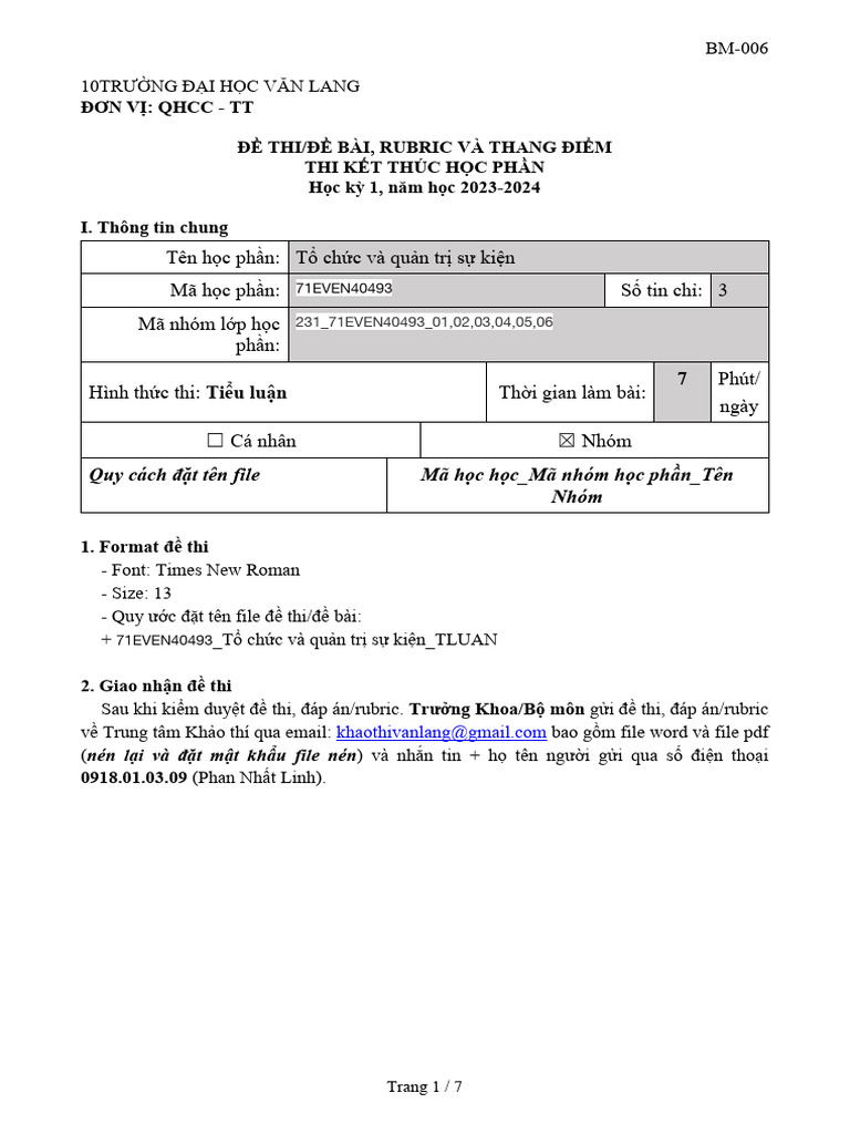 71EVEN40493 - Tổ chức và quản trị sự kiện - TLUAN | PDF