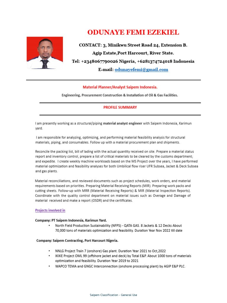 CV Odunaye Femi Ezekiel - Material Planner - Analyst - Indo | PDF | Pipe (Fluid Conveyance ...