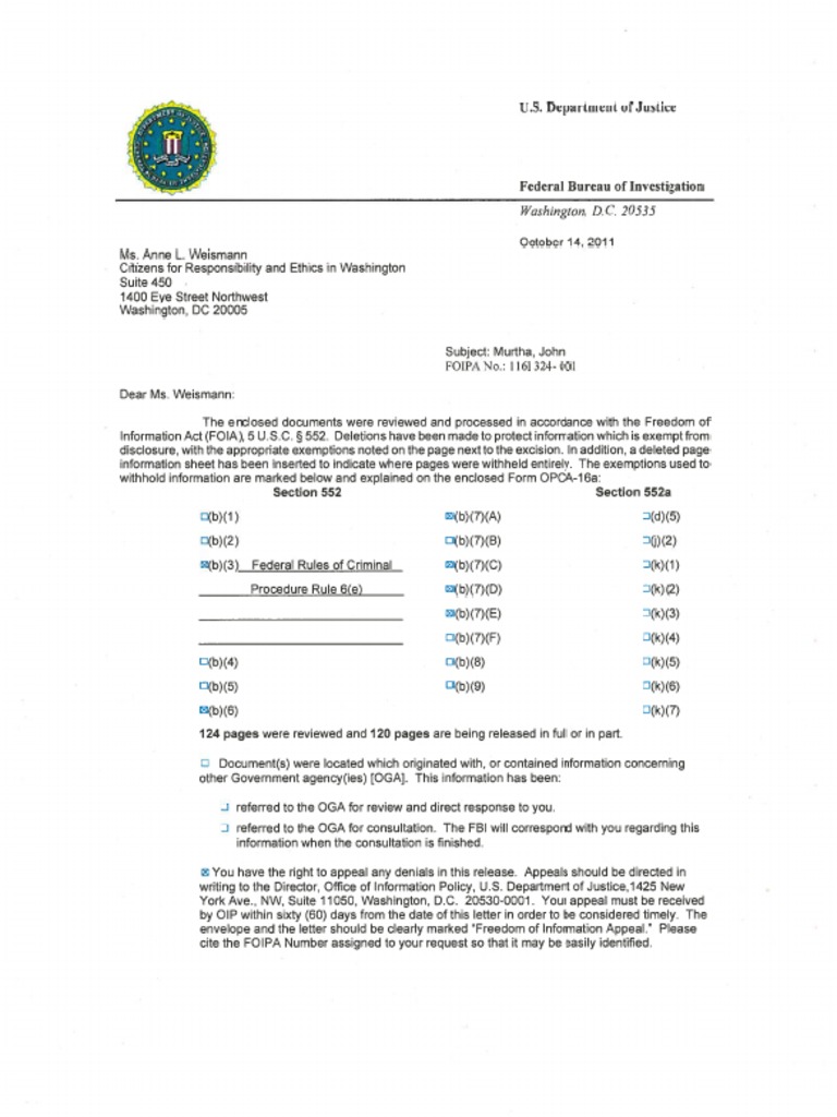 CREW: FBI: Regarding Rep. Murtha: 10/17/2011 - DOJ Letter | PDF ...