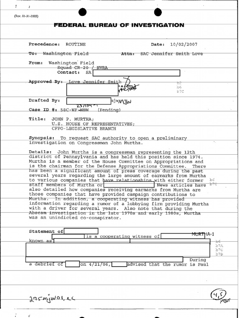 Responsive Documents - CREW: FBI: Regarding Rep. Murtha: 10/17/2011 ...