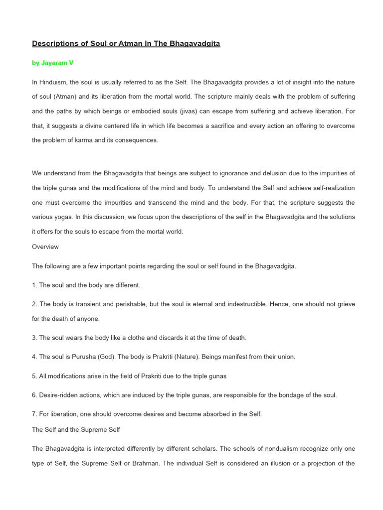 Descriptions of Soul or Atman in The Bhagavadgita | PDF | Ātman ...