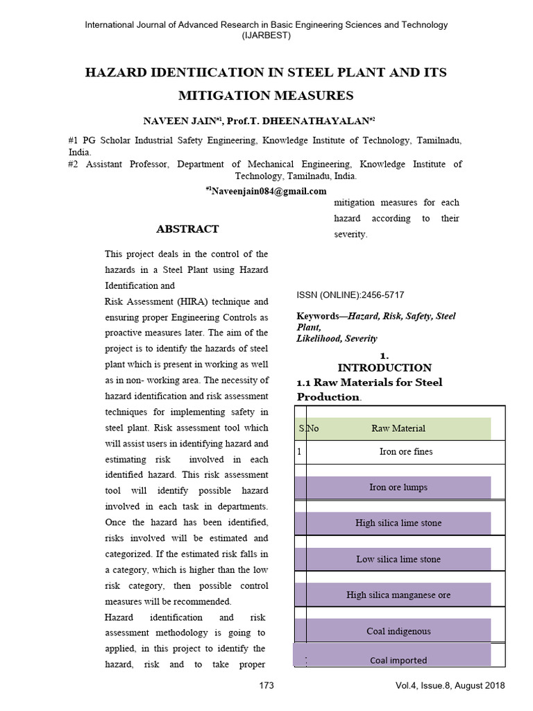 Hazard Identiication in Steel Plant and Its Mitigation Measures ...