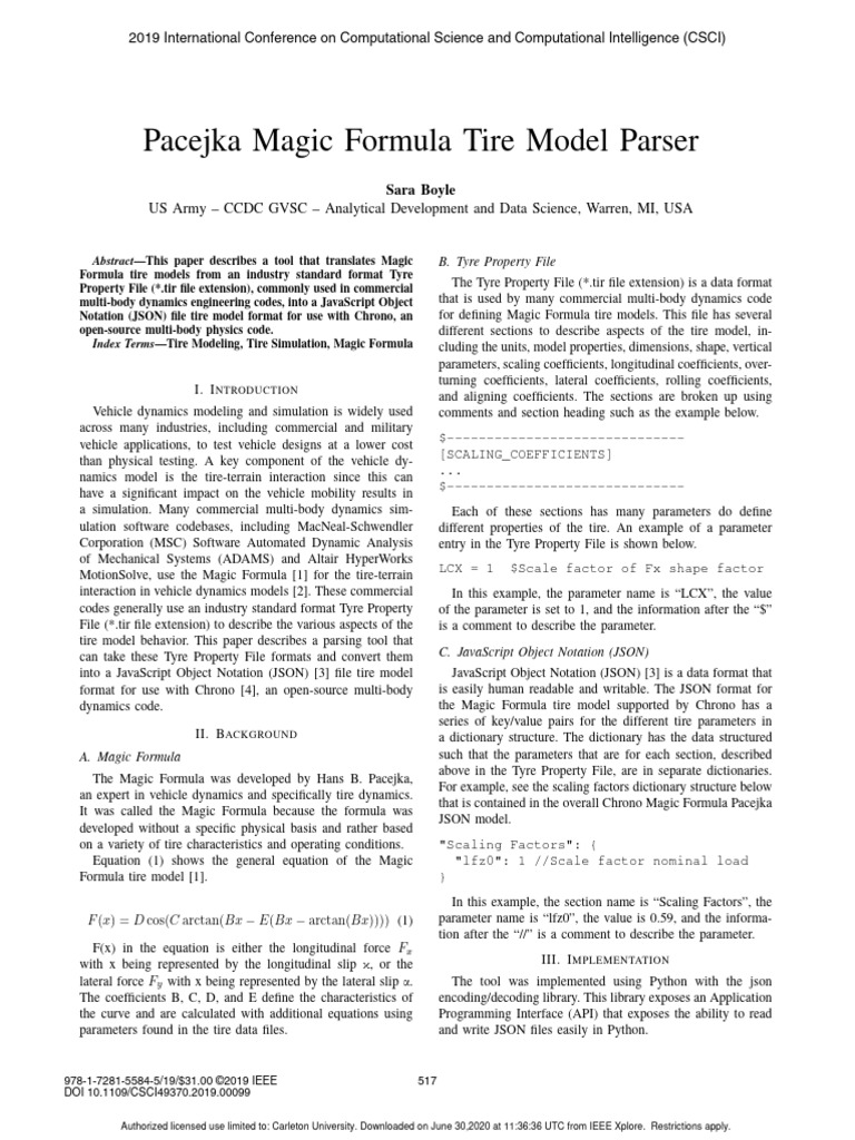 Pacejka Magic Formula Tire Model Parser | PDF