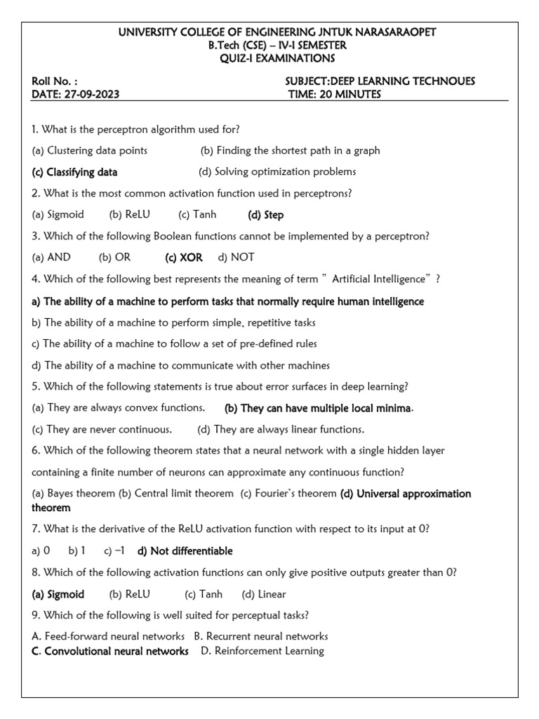 Deep Learning Quiz for CSE Students | PDF | Artificial Neural Network | Deep Learning