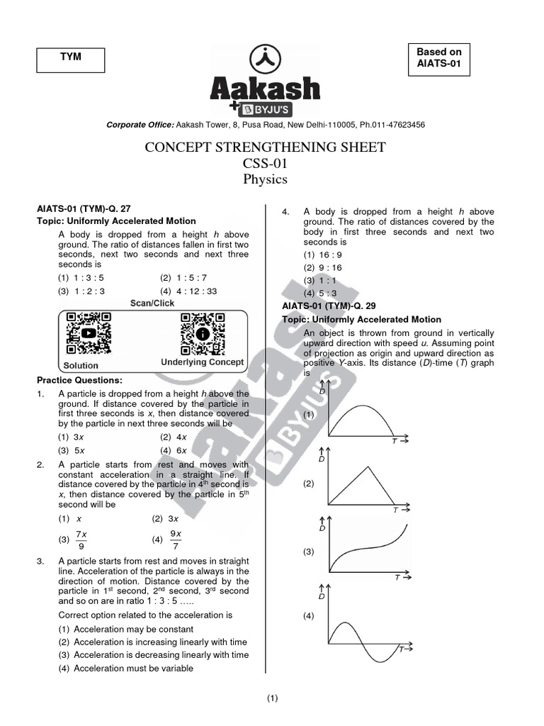 Concept Strengthening Sheet (CSS-01) Based On AIATS-01 (TYM) - Physics | Download Free PDF ...