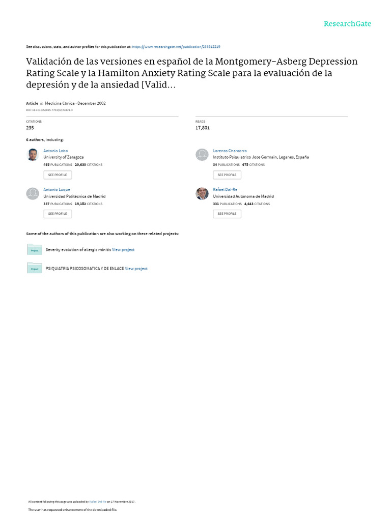 Validación de Las Versiones en Español de La Montgomery-Asberg ...