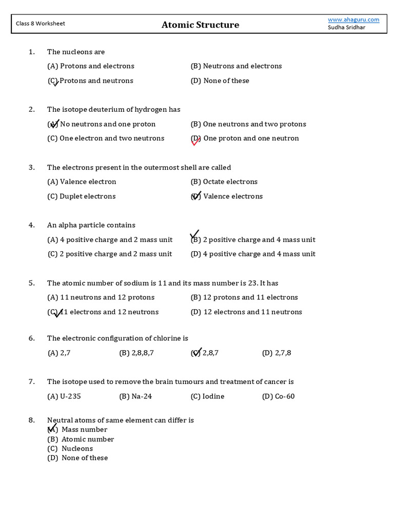 Class 8 Atomic Structure Worksheet | PDF | Atoms | Proton