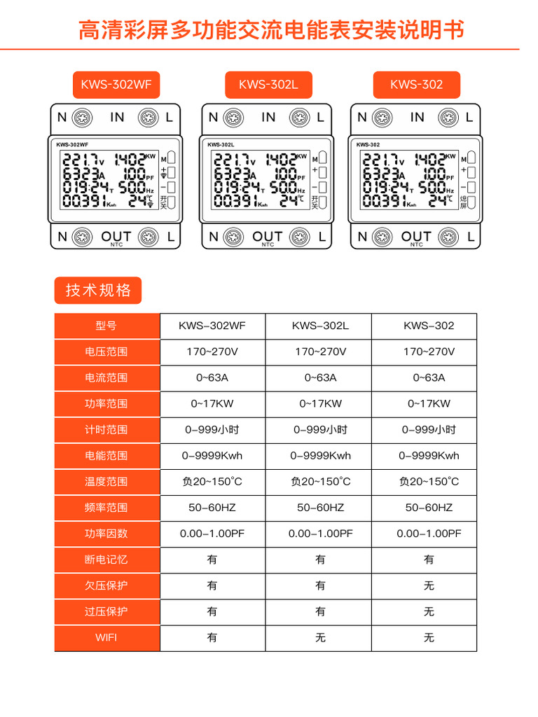 KWS-302WF - 高清彩屏多功能交流电能表安装说明书 | PDF