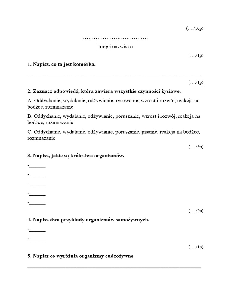 Kartkówka Przyroda Klasa 4 | PDF
