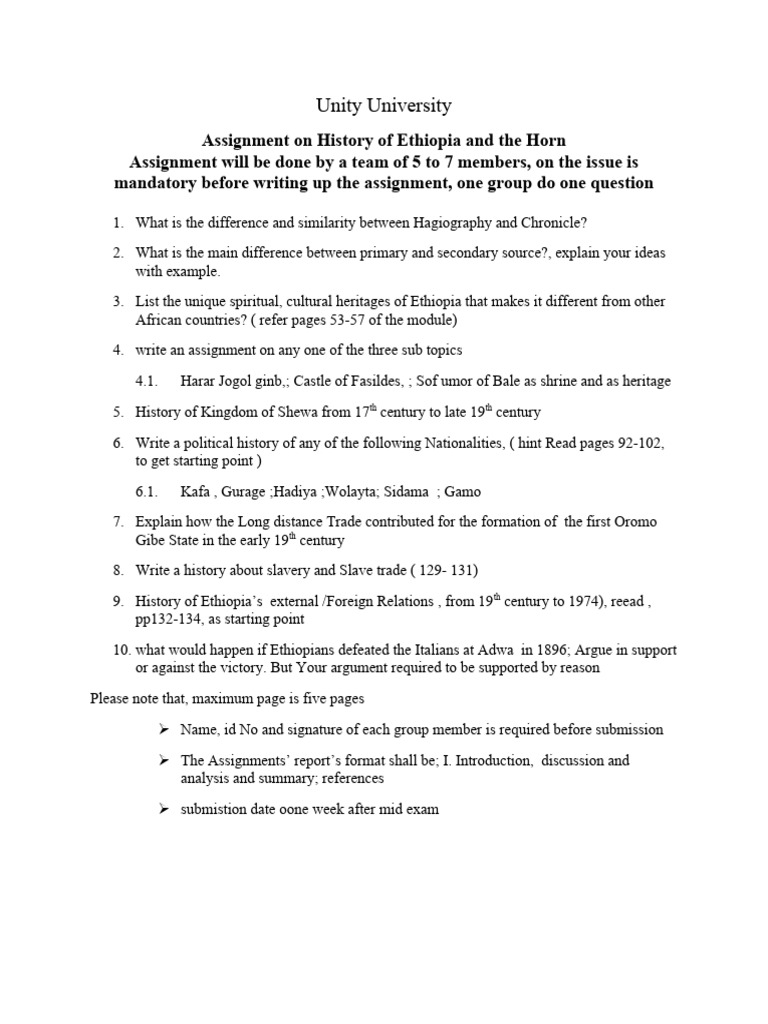 Unity University Ethiopia Assignment Guide | PDF | Politics | History