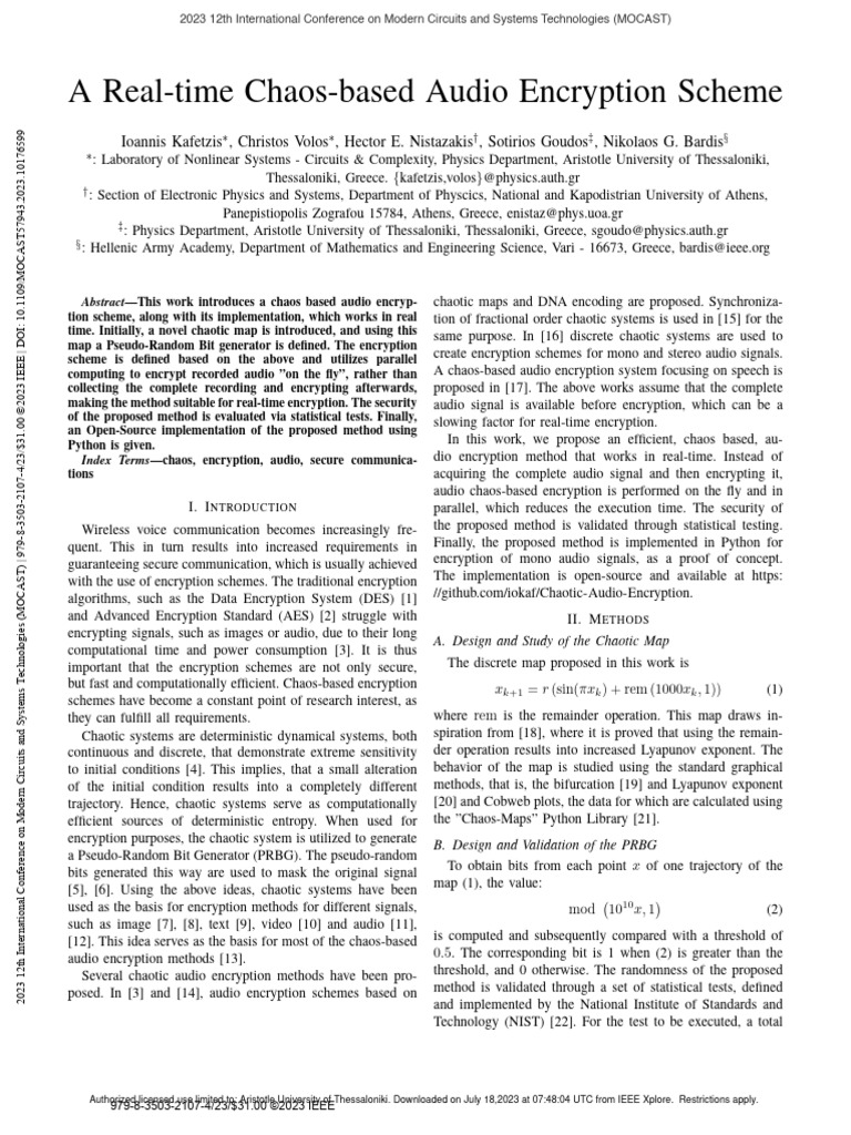 A Real-Time Chaos-Based Audio Encryption Scheme | PDF | Chaos Theory | Cryptography