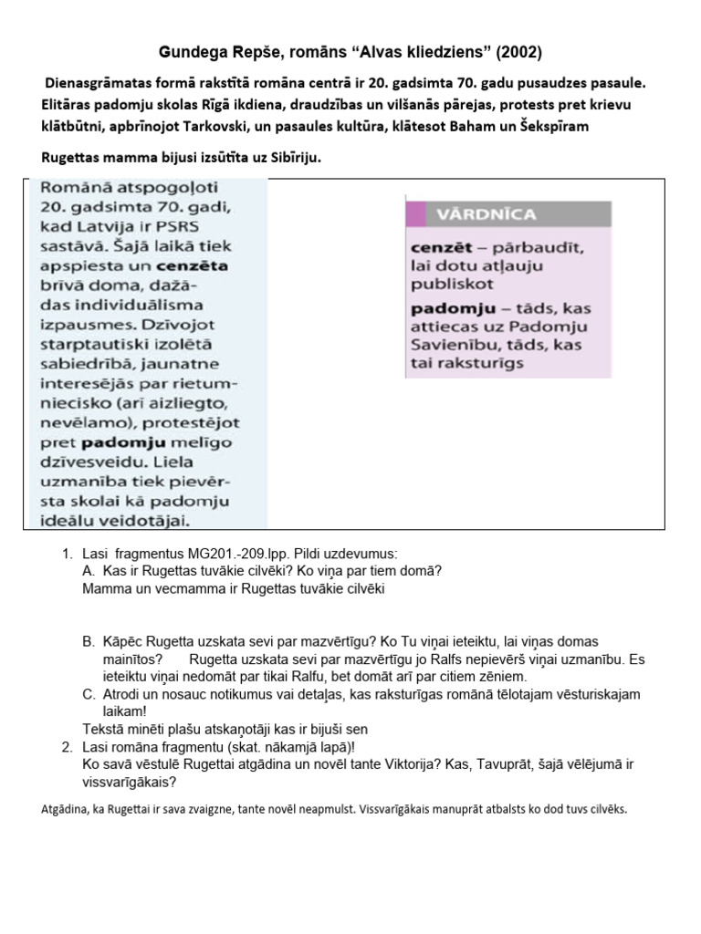9.kl. Literatūra. 2. Nedēļa - Alvas Kliedziens. (1) Pabeigtais | PDF