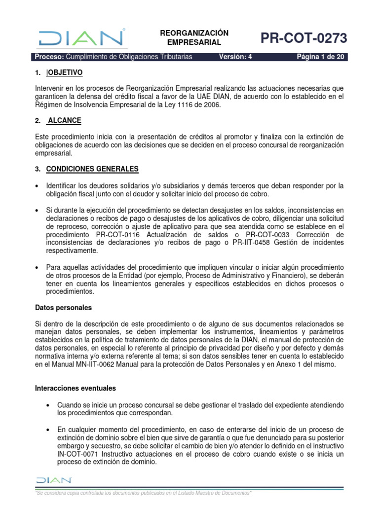 Pr-Cot-0273 Reorganización | PDF | Pagos | Liquidación