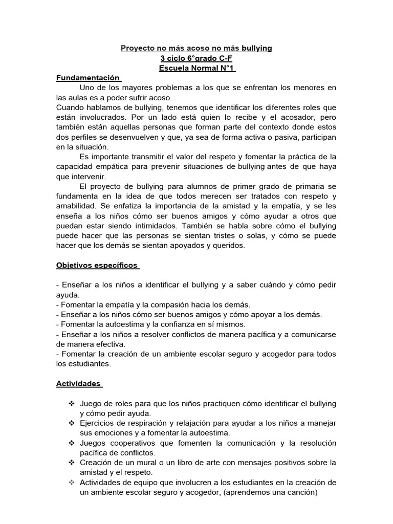 Proyecto no más acoso no más bullying | PDF