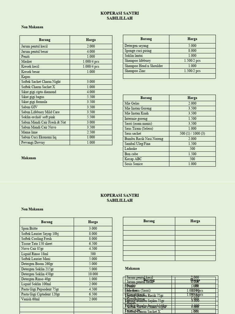 List Harga | PDF | Indonesia | Southeast Asian Cuisine