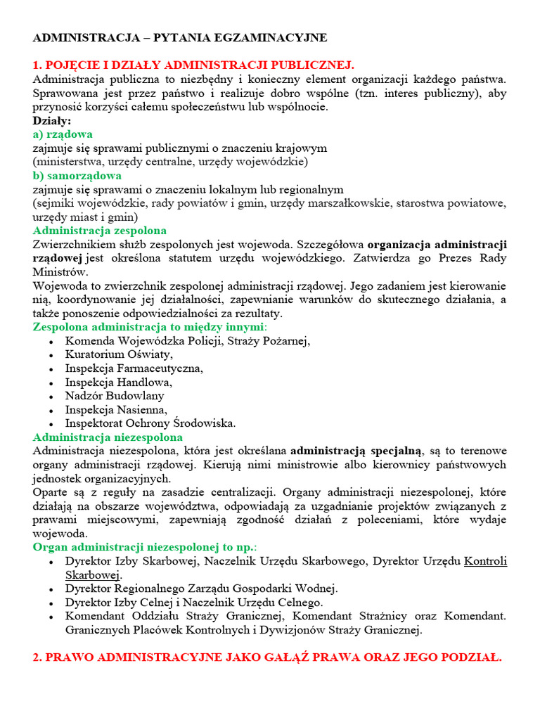 ADMINISTRACJA Zagadnienia Na Obronę | PDF