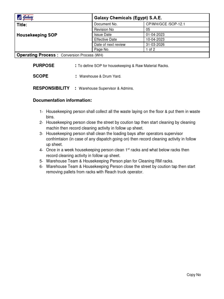 Whousekeeping SOP | PDF | Housekeeping | Warehouse