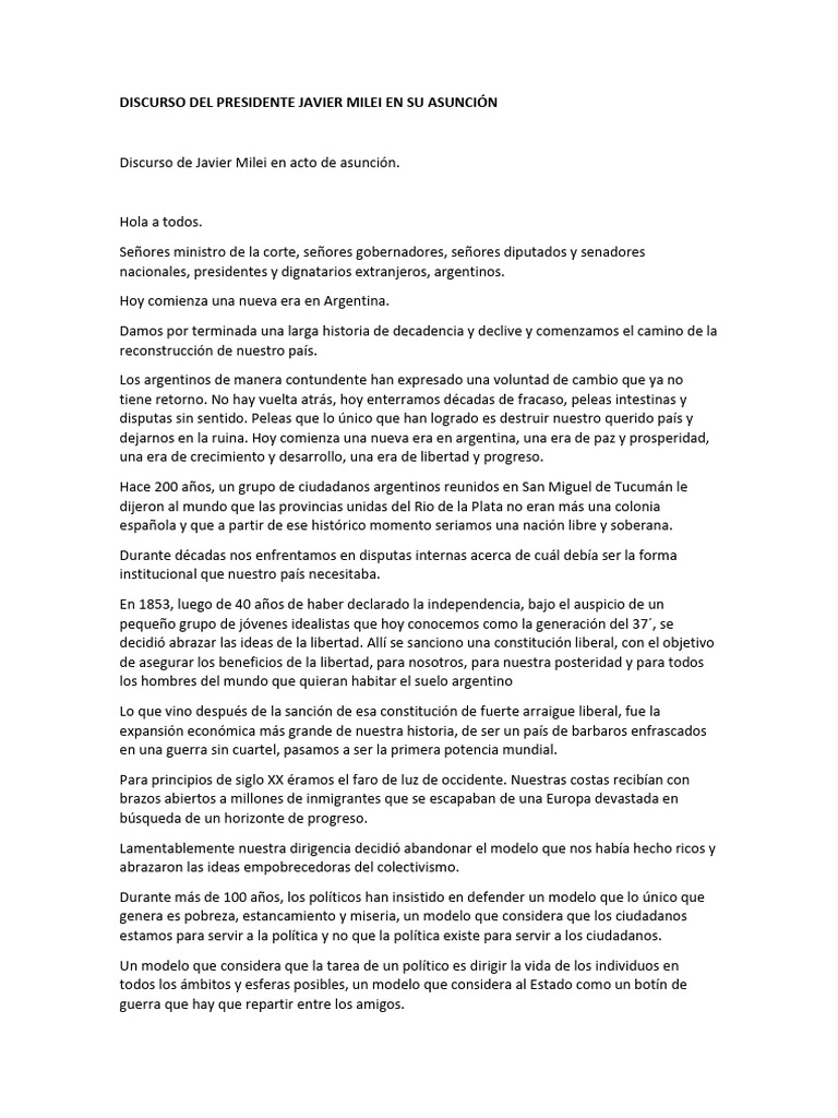 Discurso Del Presidente Javier Milei En Su Asunción Pdf