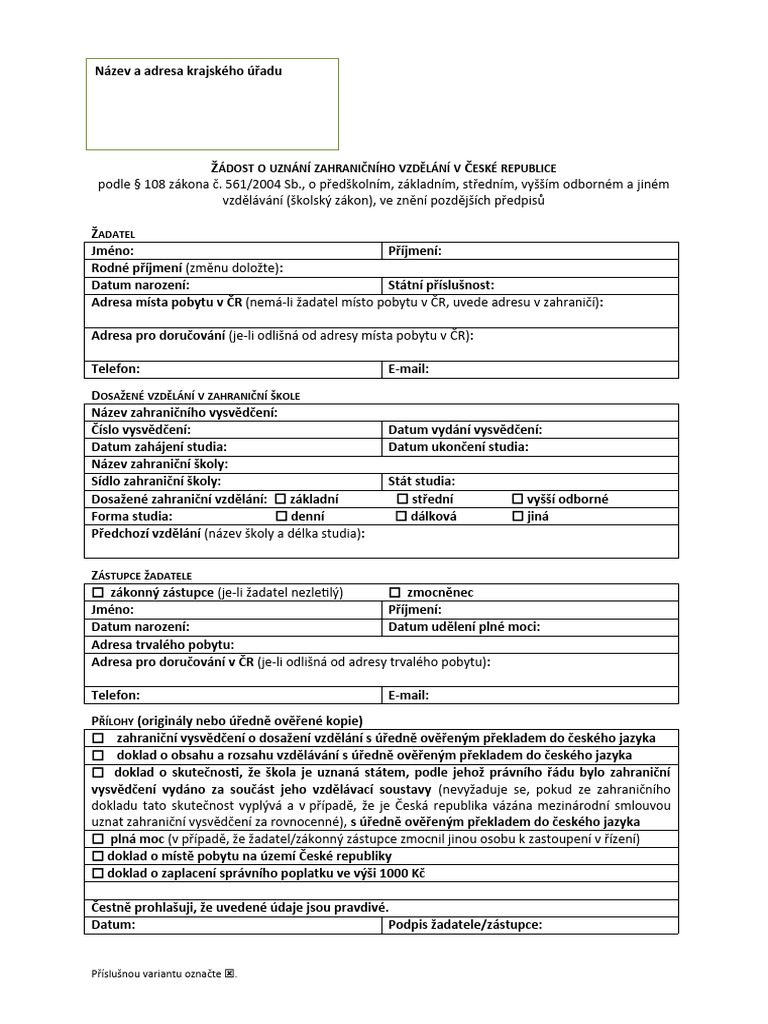 Zadost o Uznani Vzdelani | PDF