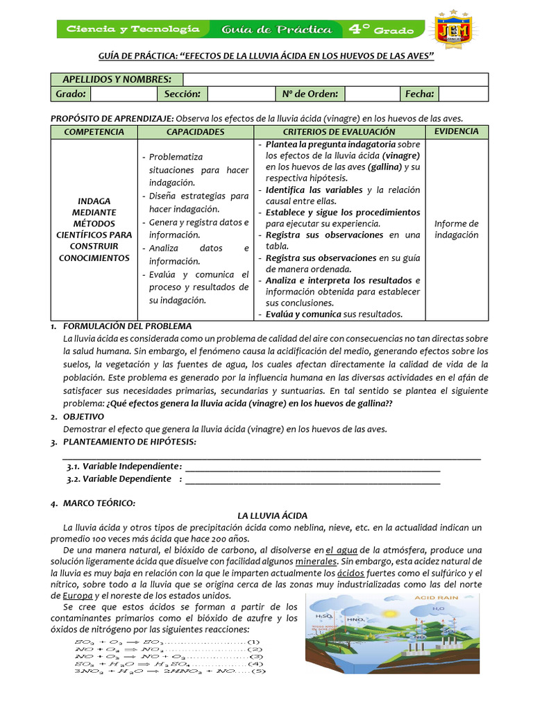 GUÍA DE LABORATORIO N°2 - CyT 4° - La Lluvia Ácida y Los Huevos de Las Aves | PDF | Ácido ...